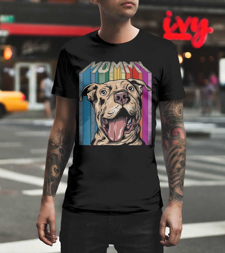 Mommy Pitbull Dog Retro Colorful Stripes T-Shirt