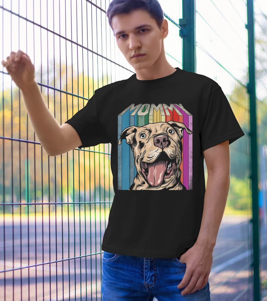 Mommy Pitbull Dog Retro Colorful Stripes T-Shirt