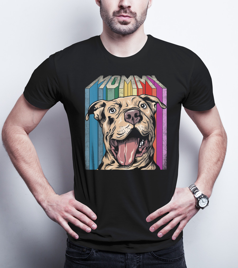 Mommy Pitbull Dog Retro Colorful Stripes T-Shirt