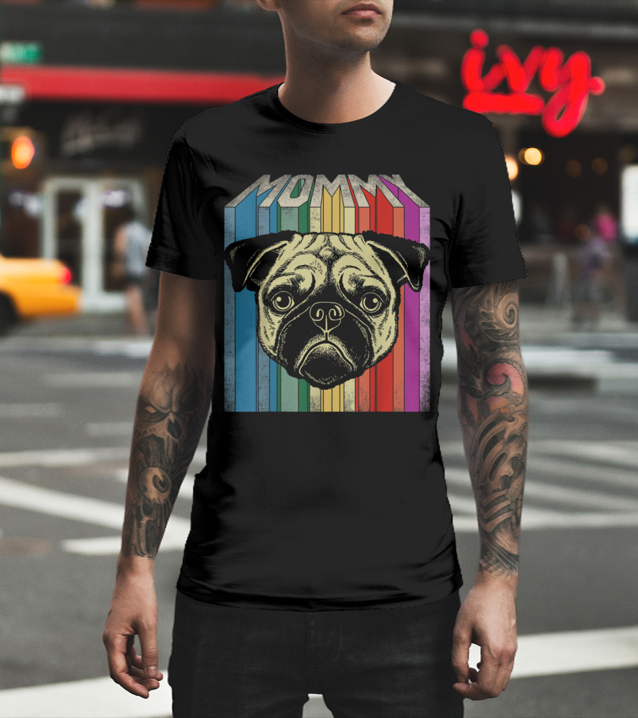 Mommy Pug Dog Retro Rainbow Stripes T-Shirt