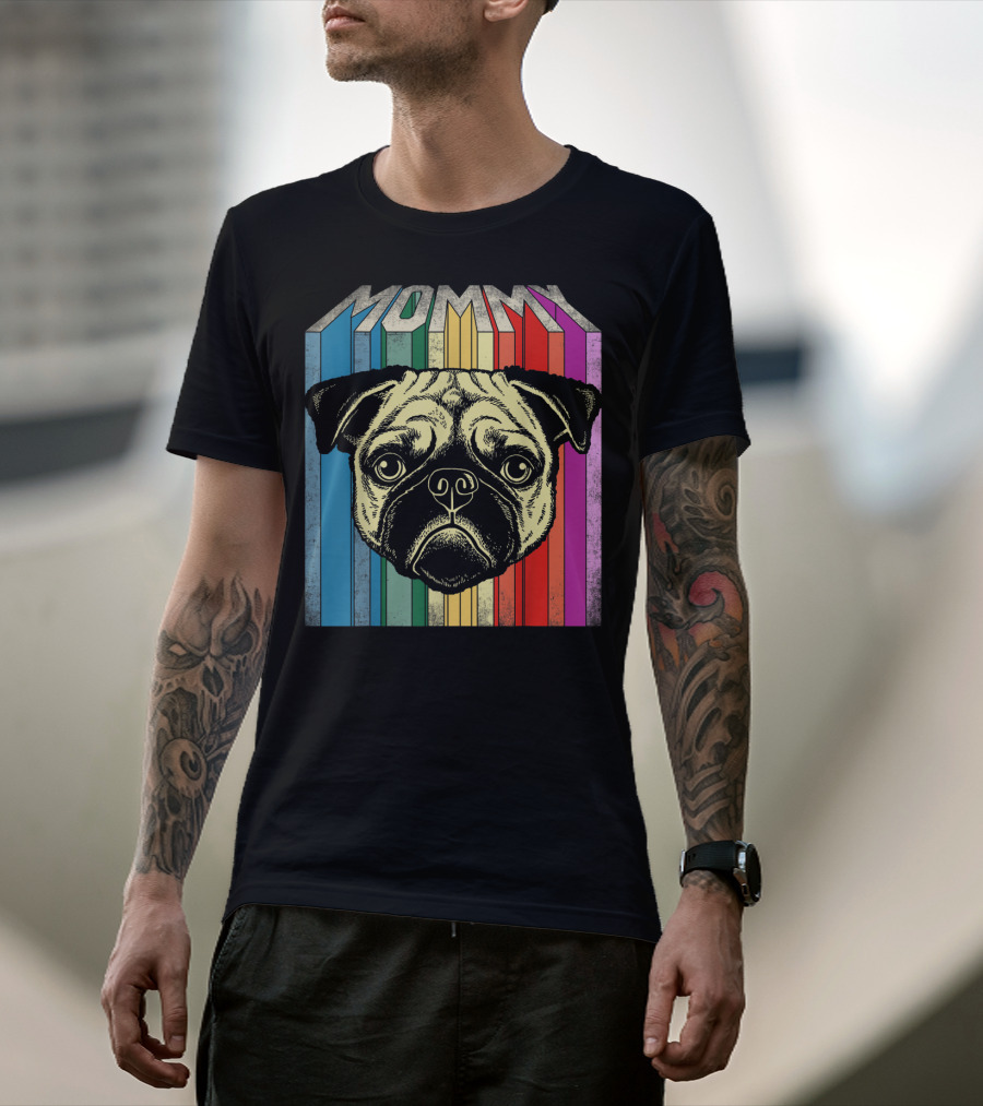 Mommy Pug Dog Retro Rainbow Stripes T-Shirt