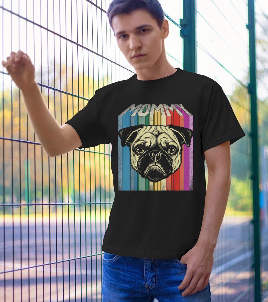 Mommy Pug Dog Retro Rainbow Stripes T-Shirt