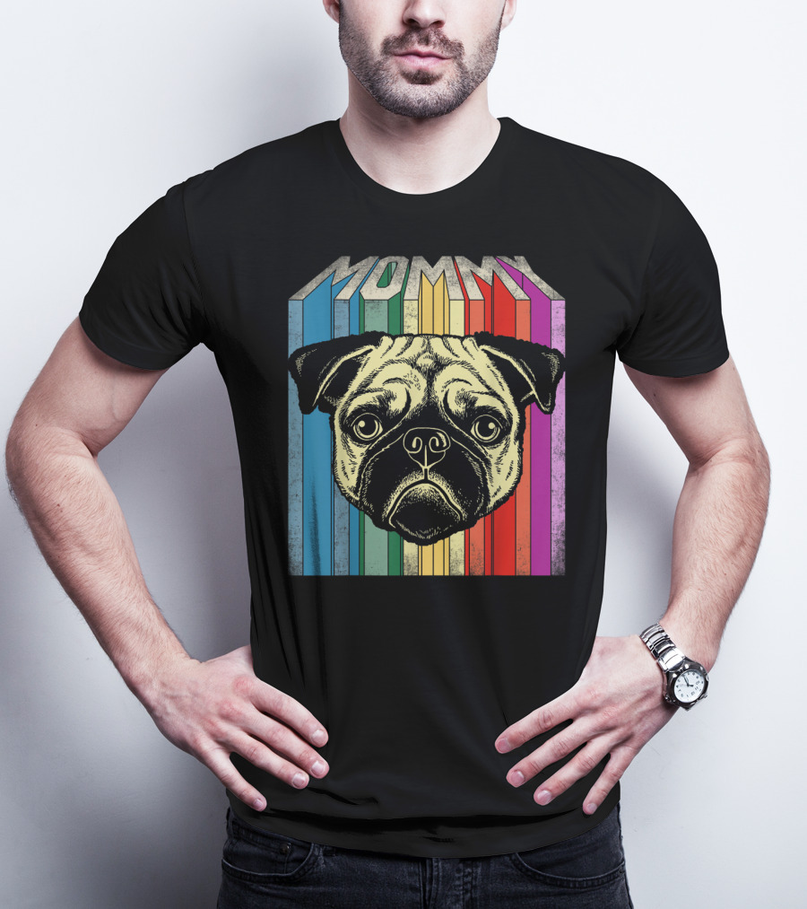 Mommy Pug Dog Retro Rainbow Stripes T-Shirt