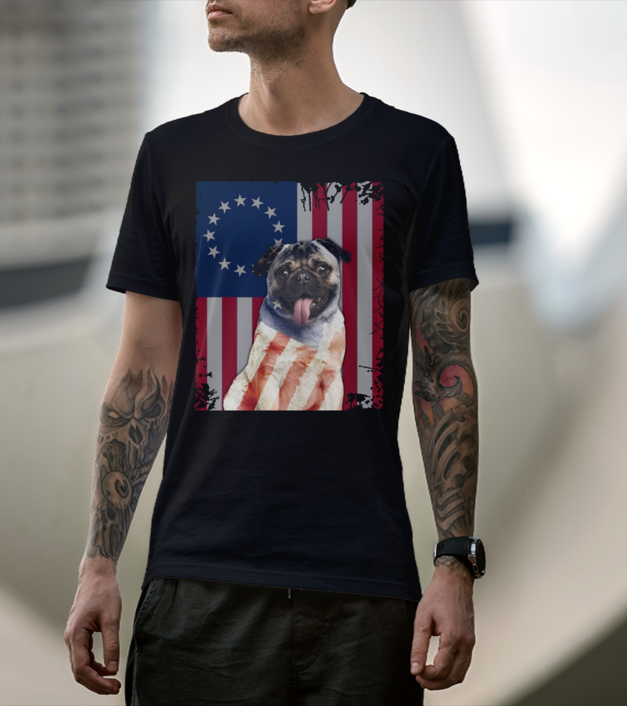 Pug Betsy Ross American Flag Costume Patriotic US Flag T-Shirt