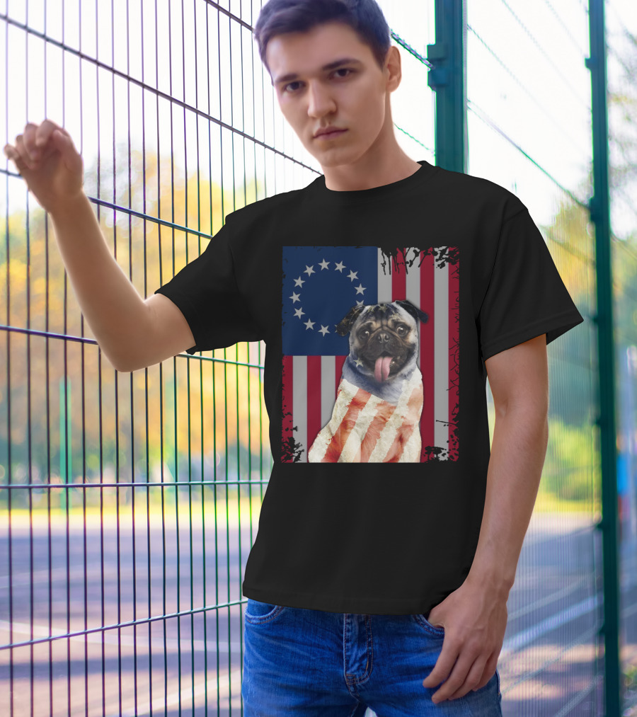 Pug Betsy Ross American Flag Costume Patriotic US Flag T-Shirt