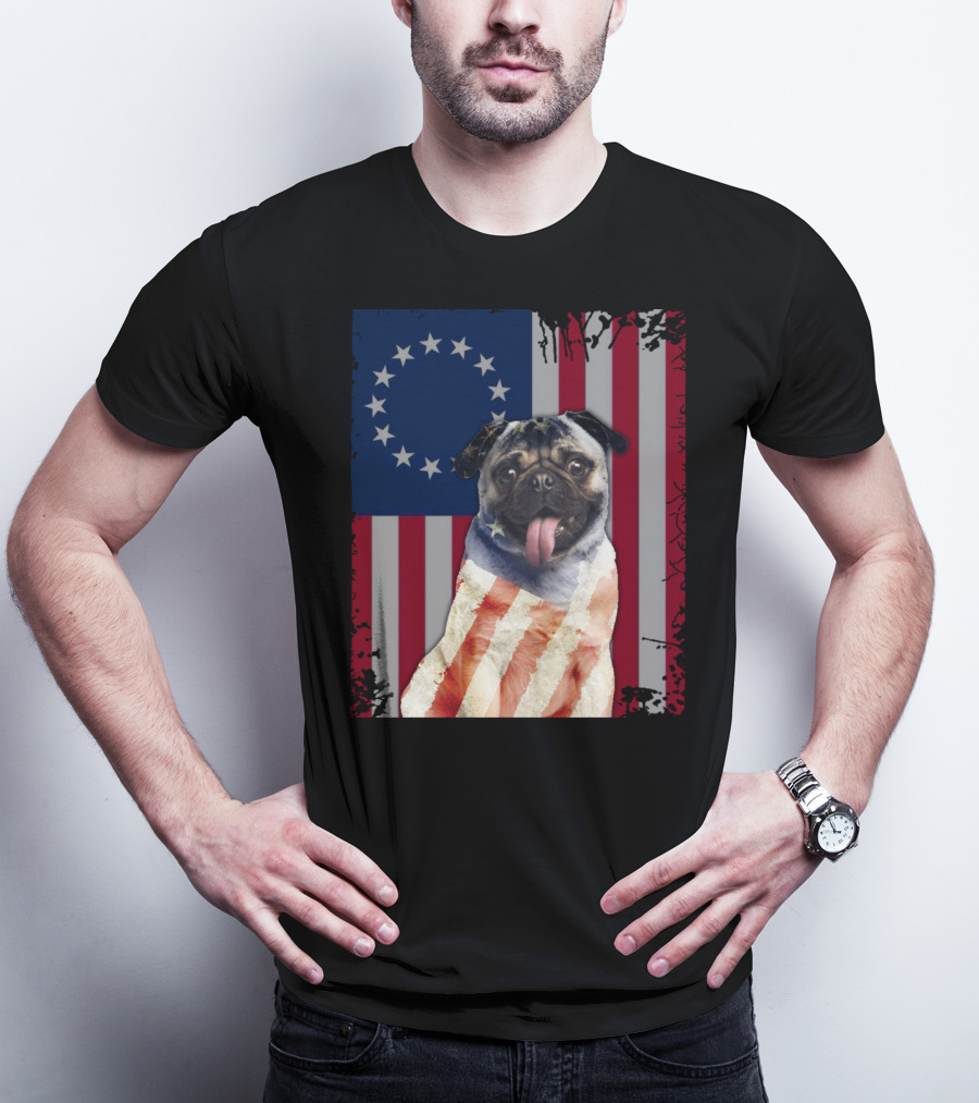 Pug Betsy Ross American Flag Costume Patriotic US Flag T-Shirt