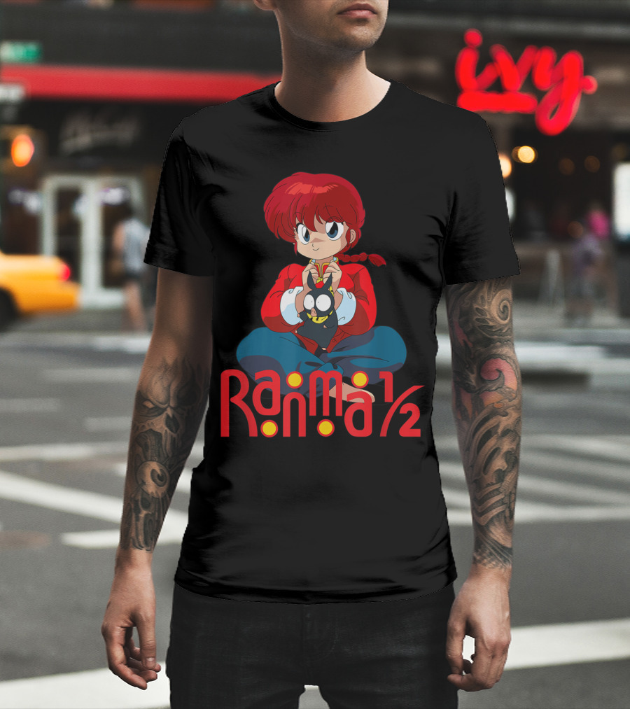 Ranma 1/2 Classic Anime Character Sitting With Black Cat T-Shirt