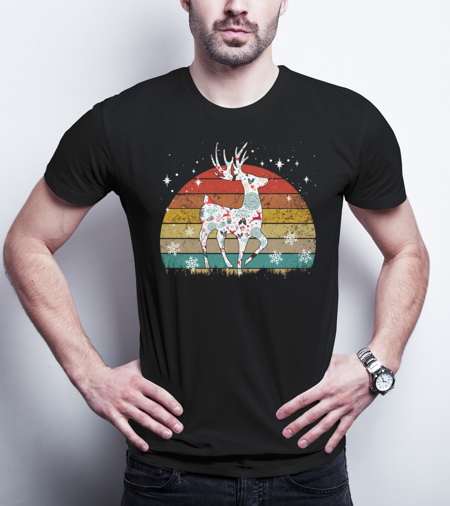 Vintage Retro Reindeer Snowflakes Christmas T-Shirt