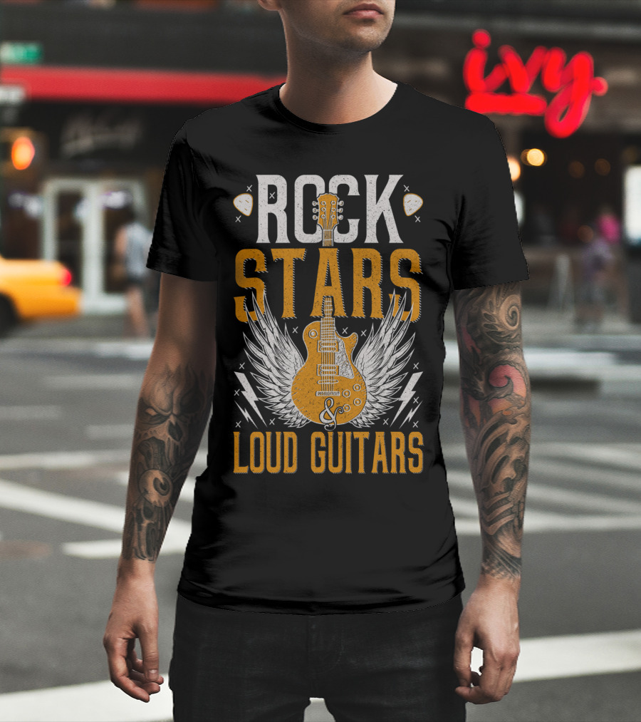 Rock Stars And Loud Guitars Vintage Classic Wings Electric Guitar T-Shirt