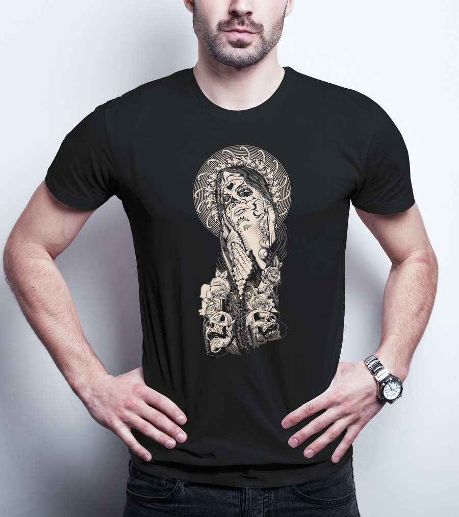 Santa Muerte Praying With Skull And Rose Elements T-Shirt