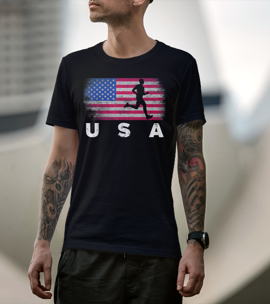 USA American Flag Track Field Running T-Shirt