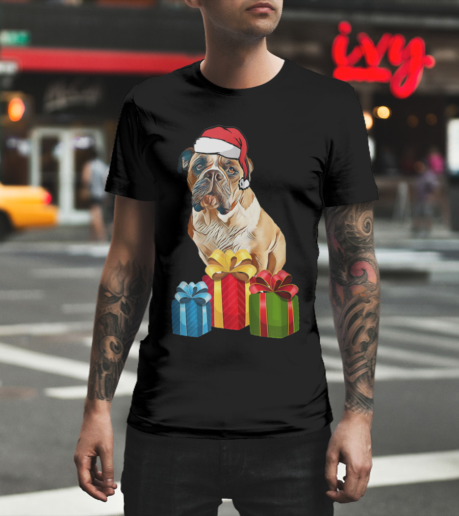 Bulldog With Santa Hat And Holiday Gifts T-Shirt