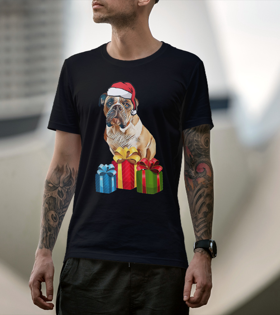 Bulldog With Santa Hat And Holiday Gifts T-Shirt