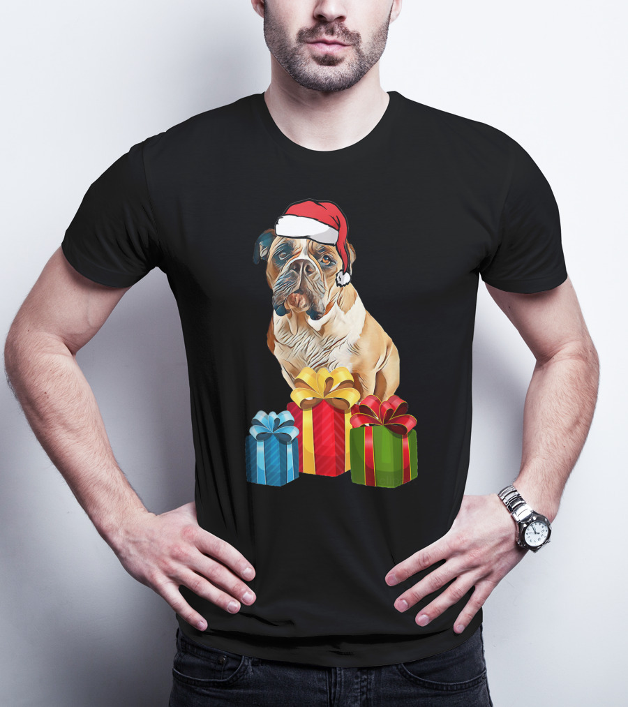 Bulldog With Santa Hat And Holiday Gifts T-Shirt