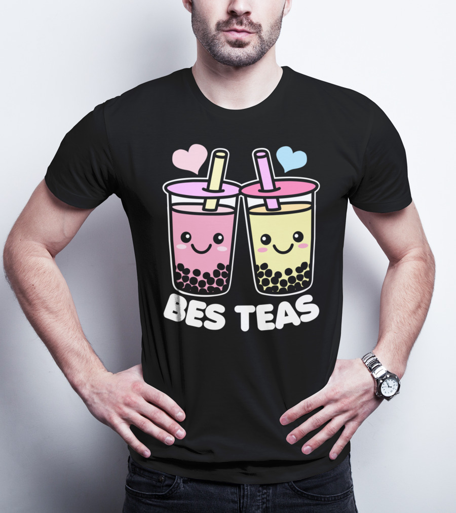 Bes Teas Cute Kawaii Boba Drinks Pink Yellow Hearts T-Shirt