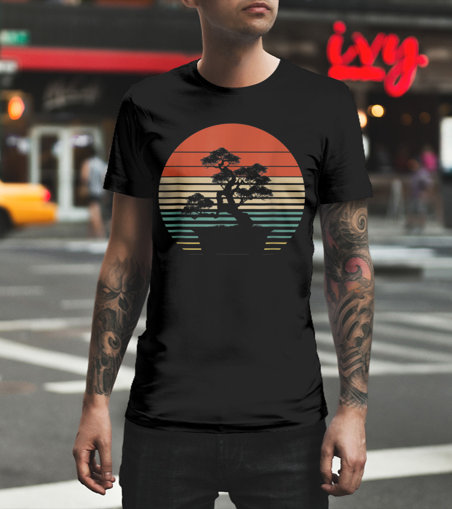 Bonsai Tree Japanese Retro Sunset T-Shirt