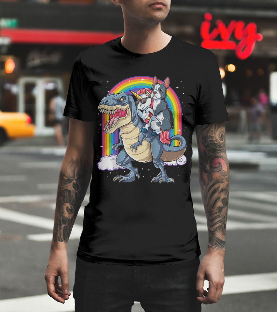 Boston Terrier And Unicorn Riding T-Rex T-Shirt