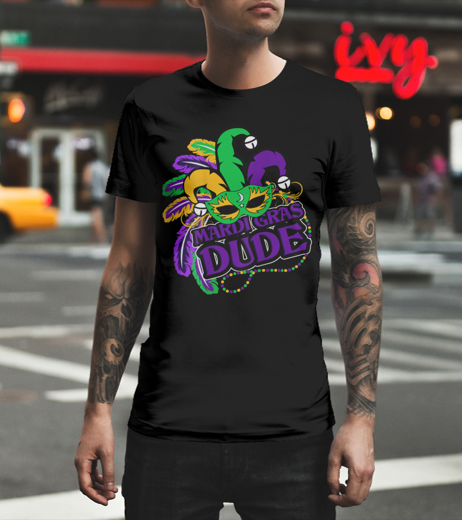 Mardi Gras Dude Kids Feather Mask Jester Hat Purple T-Shirt