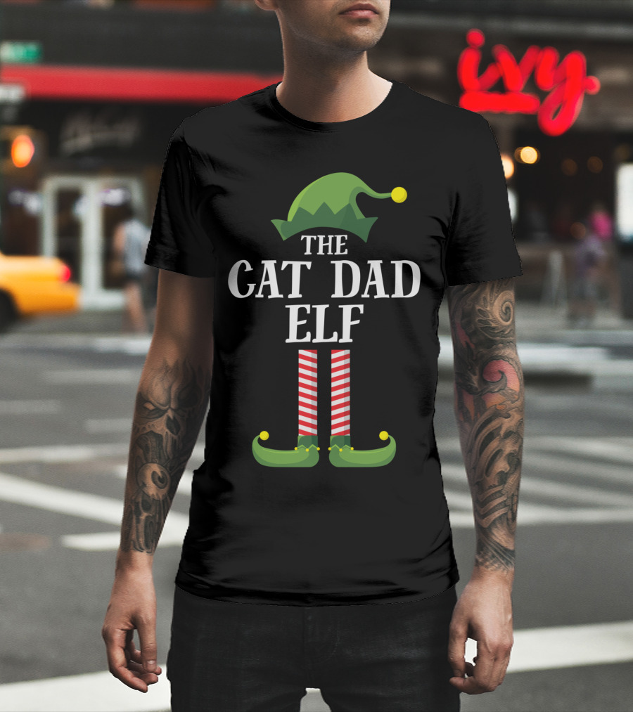 The Cat Dad Elf Matching Family Group Christmas Pajama Holiday T-Shirt