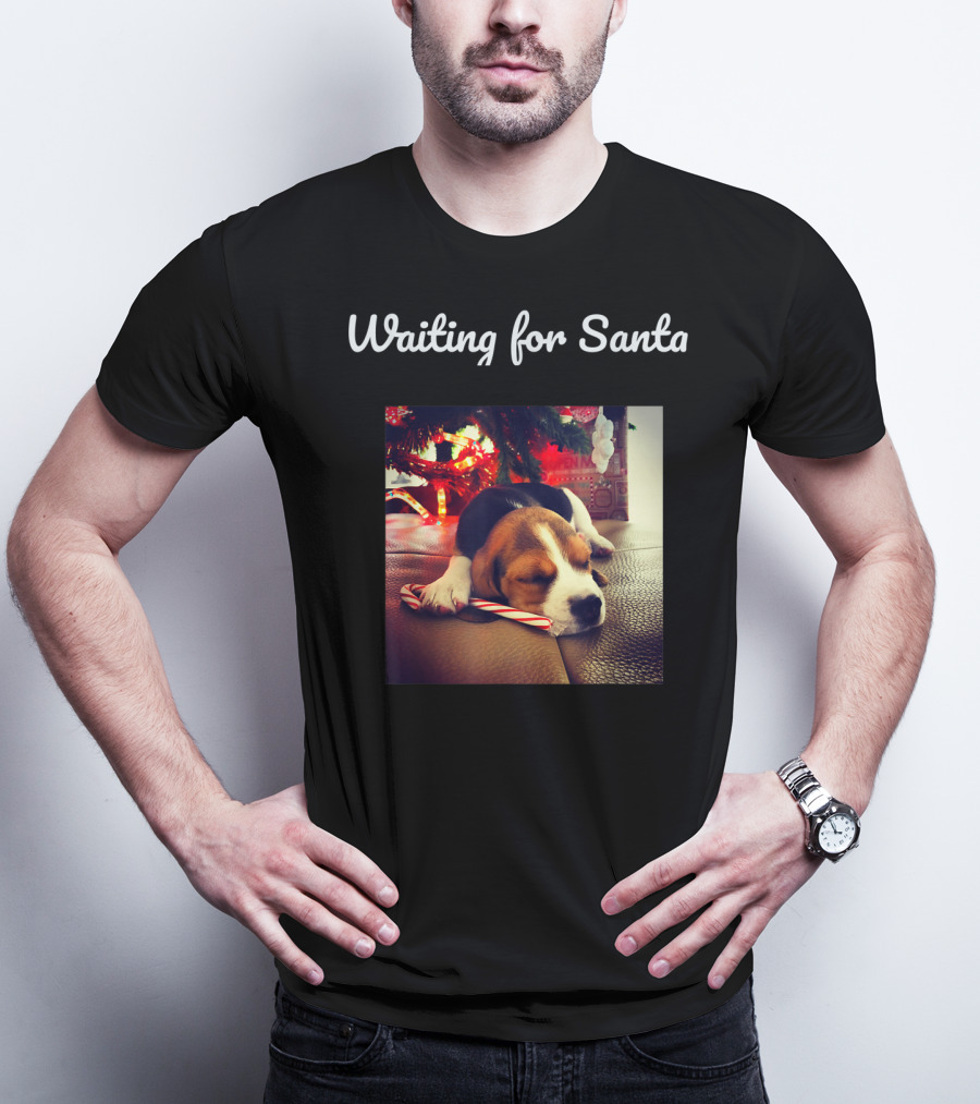 Waiting For Santa Cute Dog Under Christmas Tree With Candy Cane T-Shirt