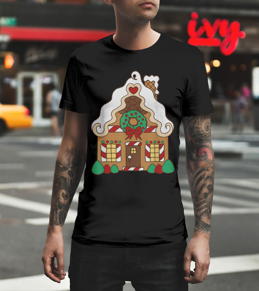 Christmas Gingerbread House With Candy Cane And Wreath T-Shirt