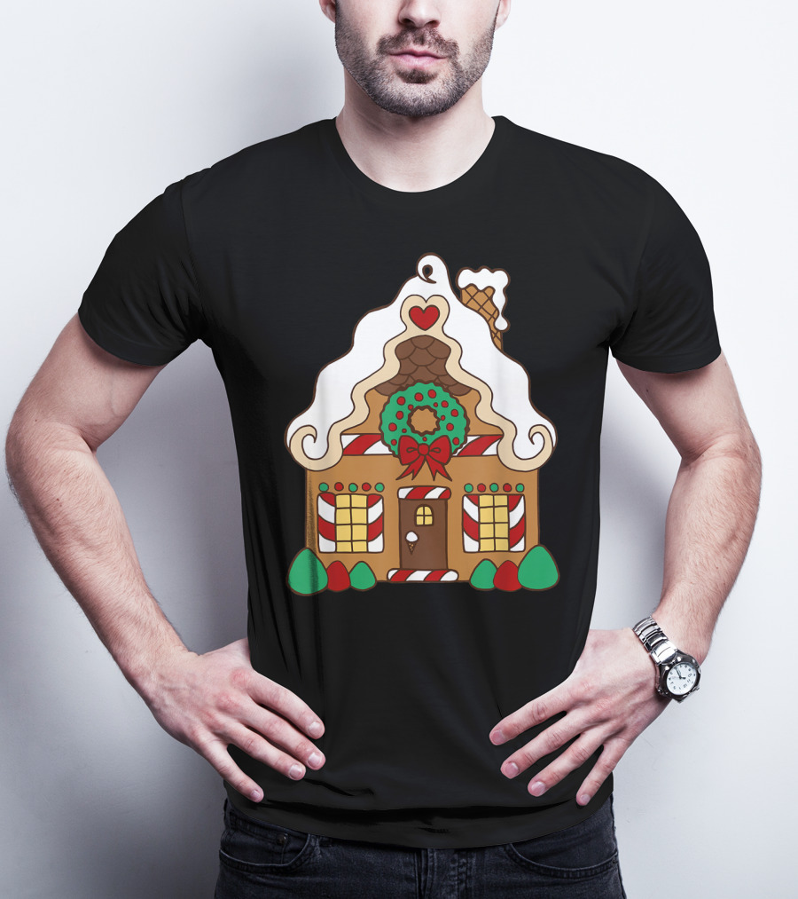 Christmas Gingerbread House With Candy Cane And Wreath T-Shirt
