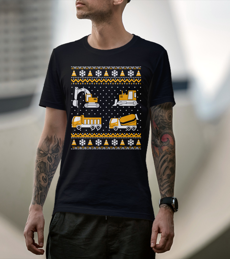 Construction Excavator Bulldozer Dump Truck Cement Mixer Snowflakes T-Shirt