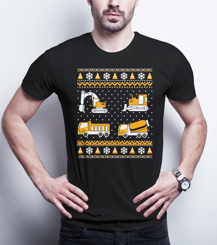 Construction Excavator Bulldozer Dump Truck Cement Mixer Snowflakes T-Shirt