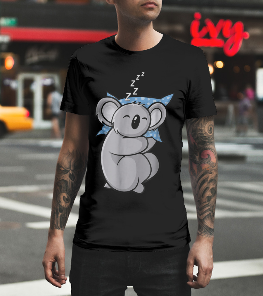 Cute Koala Bear Lazy Sleeping Animal With Blue Polka Dot Pillow T-Shirt