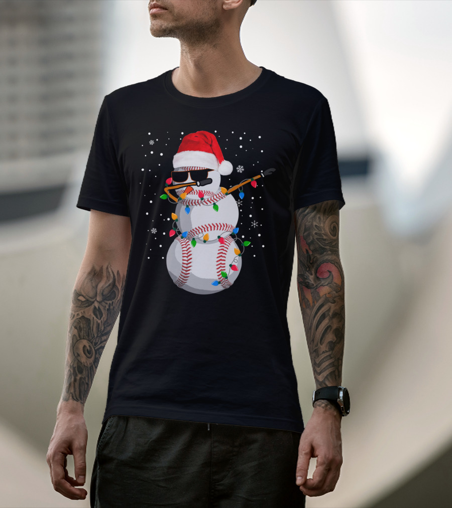 Dabbing Snowman Baseball Christmas Lights Santa Hat Sunglasses T-Shirt