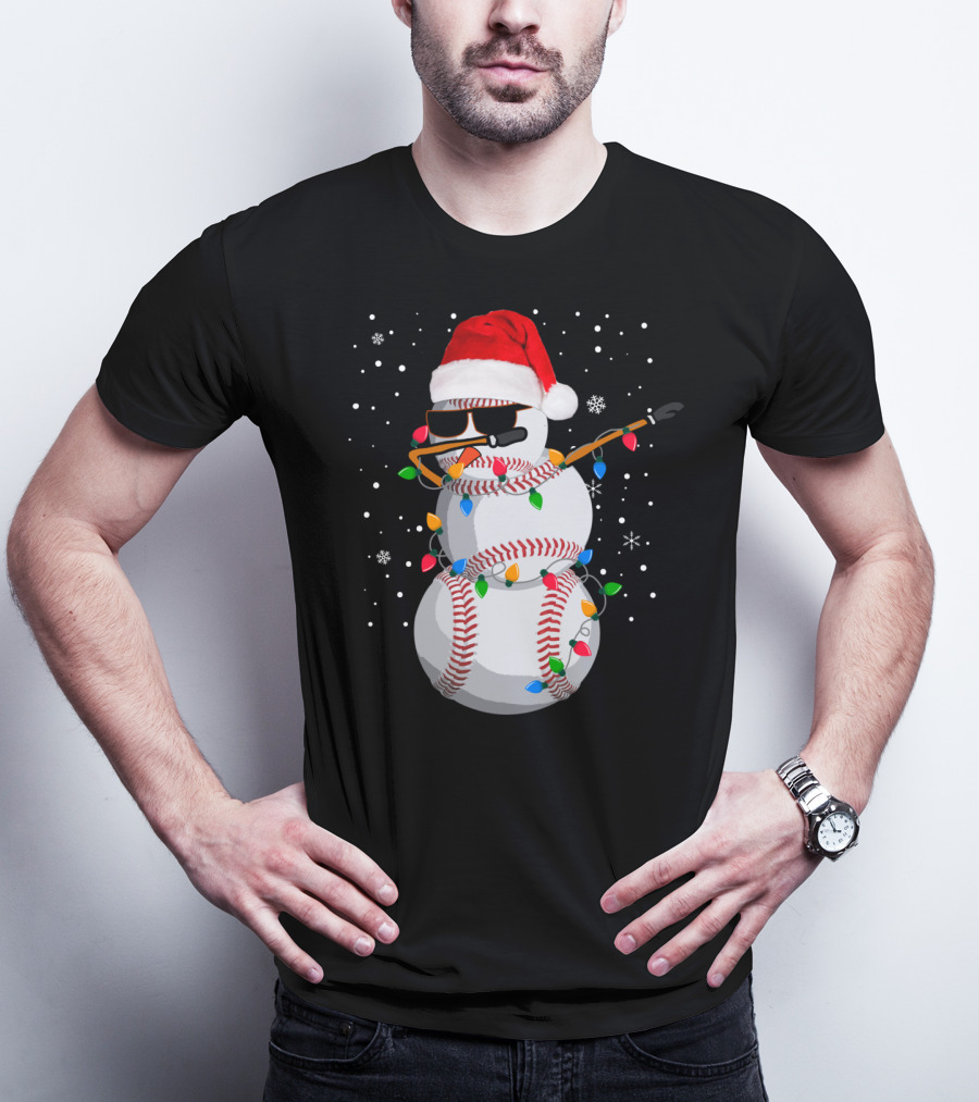 Dabbing Snowman Baseball Christmas Lights Santa Hat Sunglasses T-Shirt