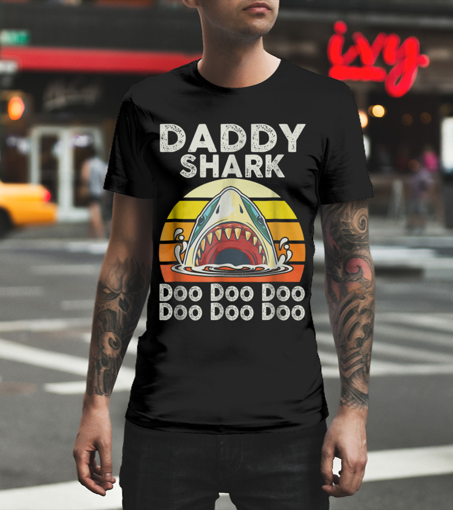Daddy Shark Doo Doo Doo Doo Doo Doo Funny Sunset Shark Face T-Shirt