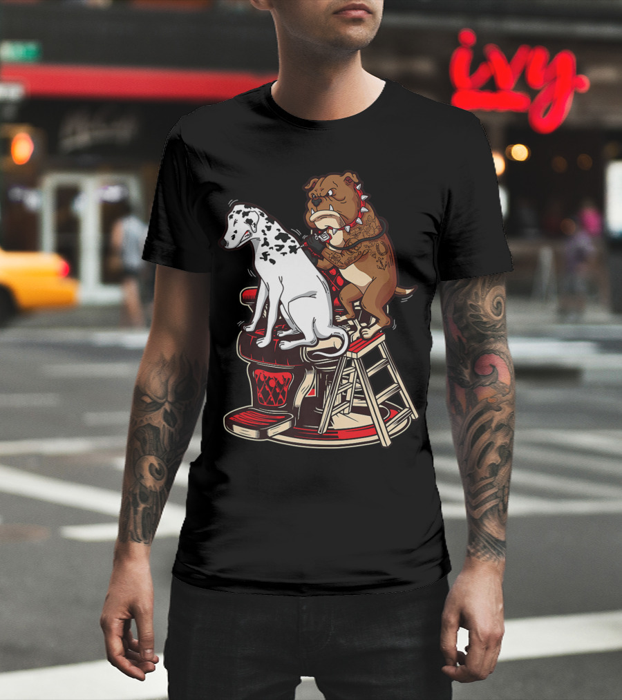 Dalmatian And Tattoo Artist Bulldog On Barber Chair T-Shirt