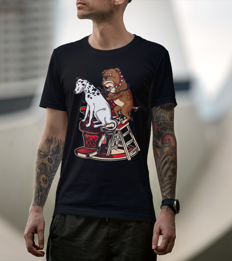 Dalmatian And Tattoo Artist Bulldog On Barber Chair T-Shirt
