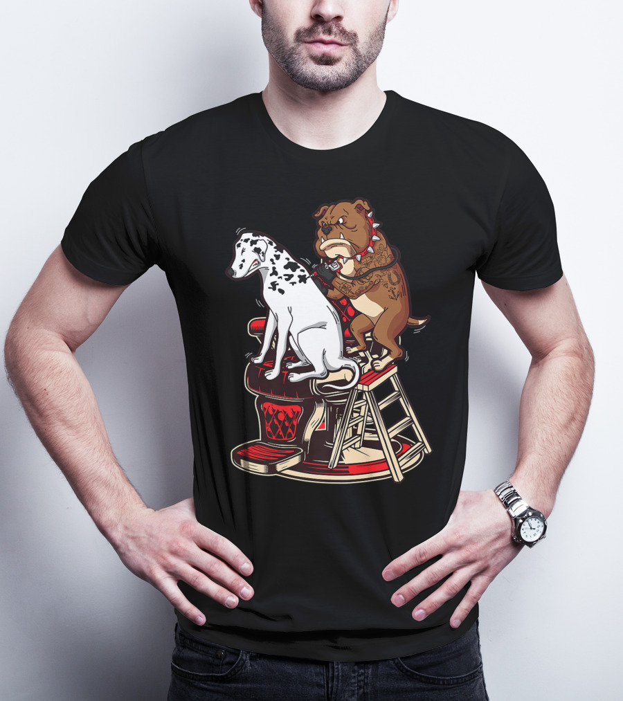 Dalmatian And Tattoo Artist Bulldog On Barber Chair T-Shirt