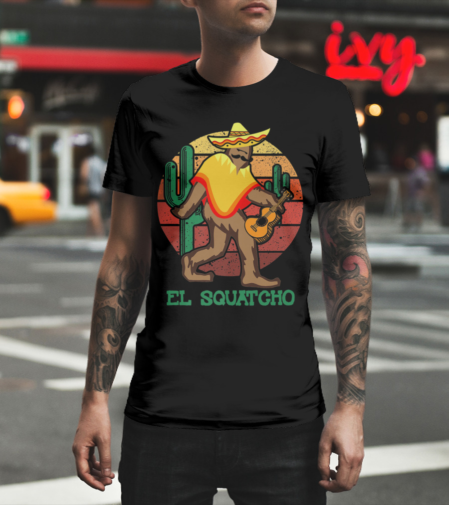 El Squatcho Mexican Sasquatch Bigfoot Cinco De Mayo Cactus Sunset Sombrero Guitar T-Shirt