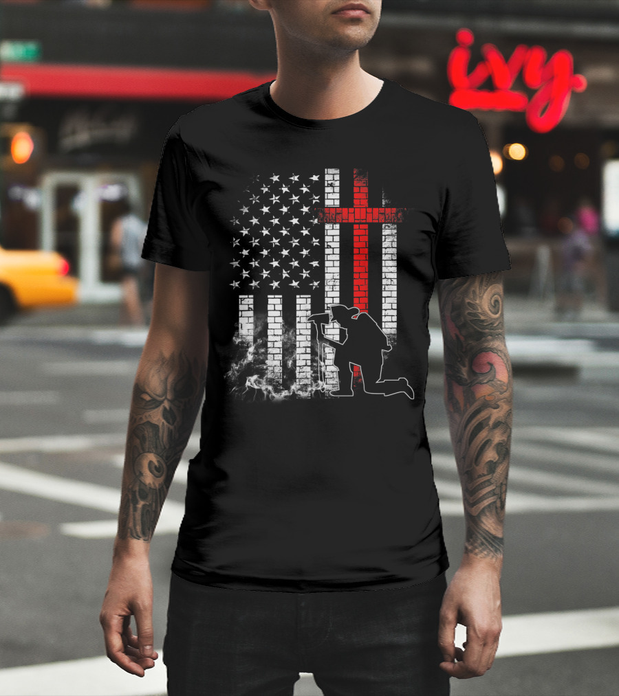Fireman Kneeling With Axe Over American Flag And Thin Red Line Cross T-Shirt