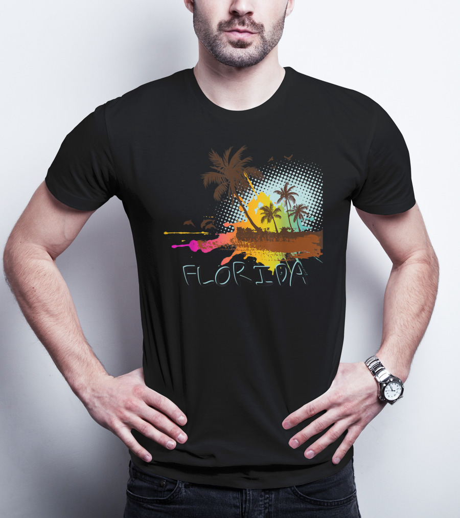 Florida Beach Vacation With Colorful Palm Tree Splash Art Ocean Lovers T-Shirt
