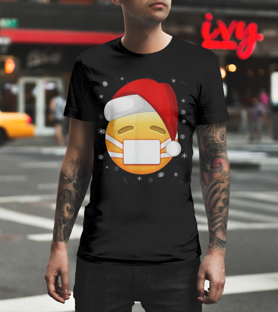 Funny Face With Medical Mask Emojis Santa Hat Snowflakes T-Shirt