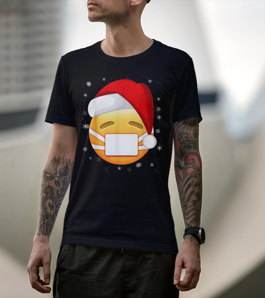 Funny Face With Medical Mask Emojis Santa Hat Snowflakes T-Shirt