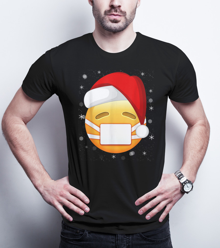 Funny Face With Medical Mask Emojis Santa Hat Snowflakes T-Shirt