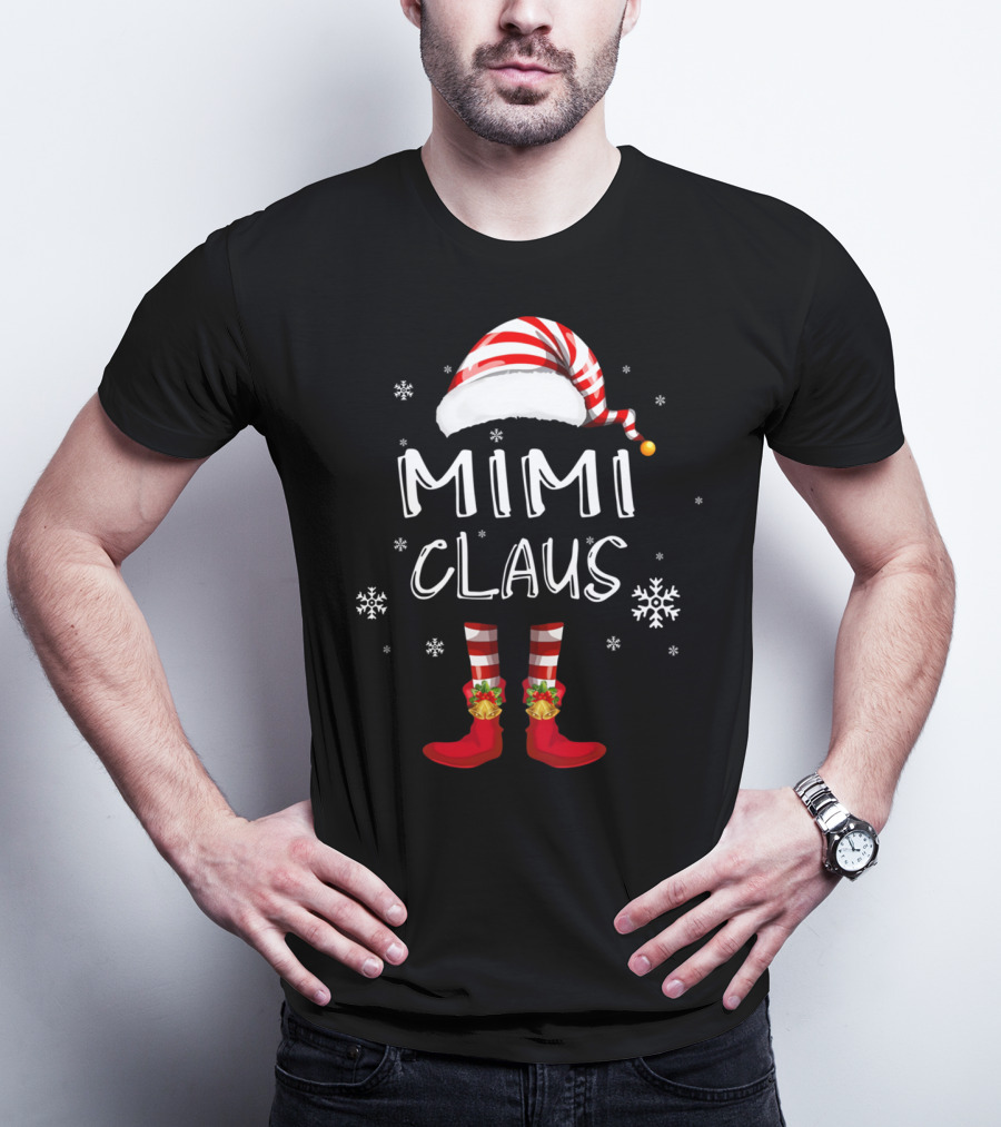 Mimi Claus Santa Hat Elf Boots Snowflakes Grandma T-Shirt