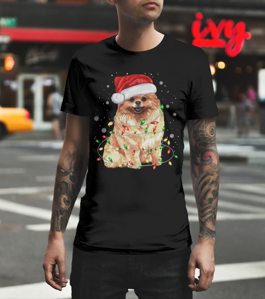 Pomeranian In Santa Hat With Christmas Lights And Snowflakes T-Shirt