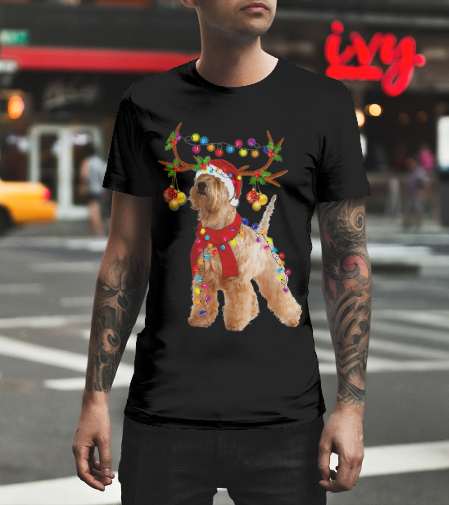 Wheaten Terrier Santa Reindeer With Festive Christmas Lights T-Shirt