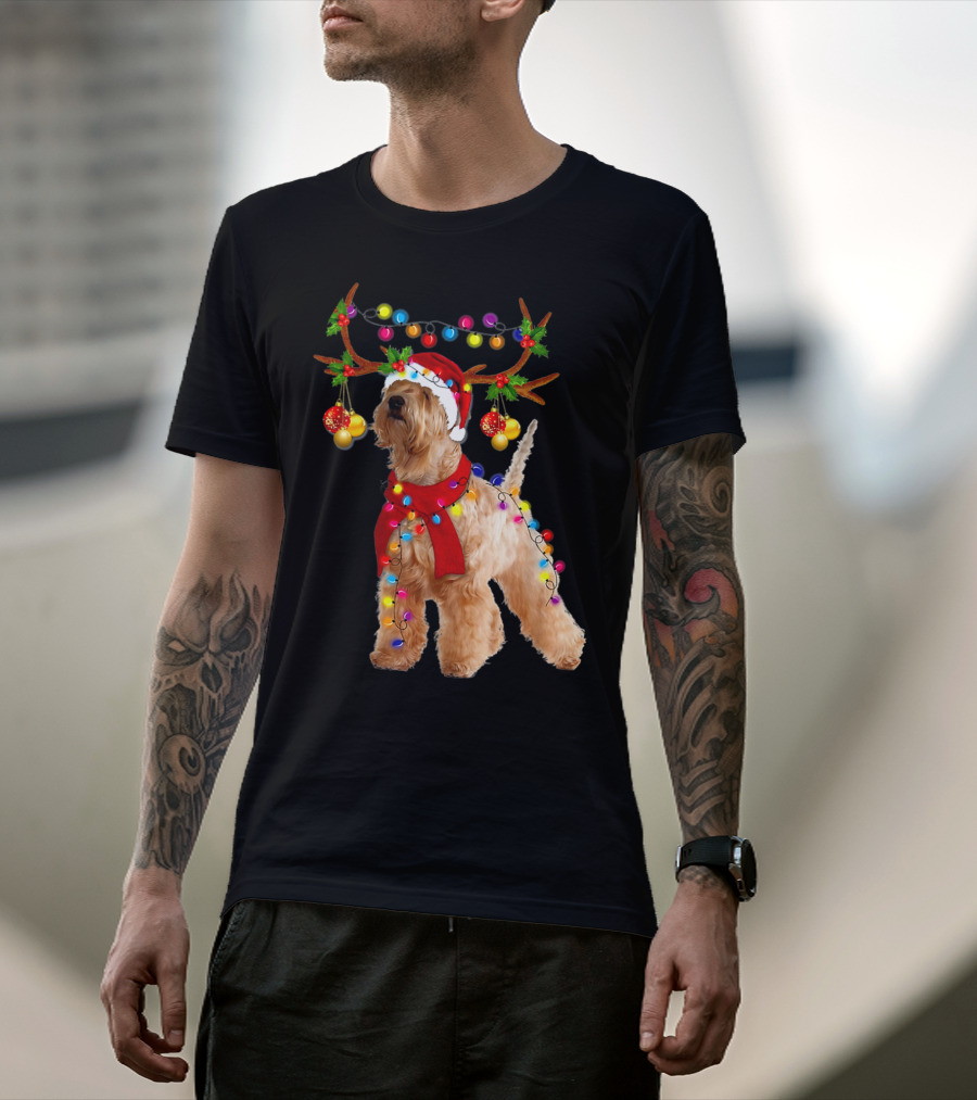 Wheaten Terrier Santa Reindeer With Festive Christmas Lights T-Shirt