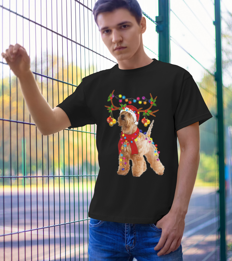 Wheaten Terrier Santa Reindeer With Festive Christmas Lights T-Shirt