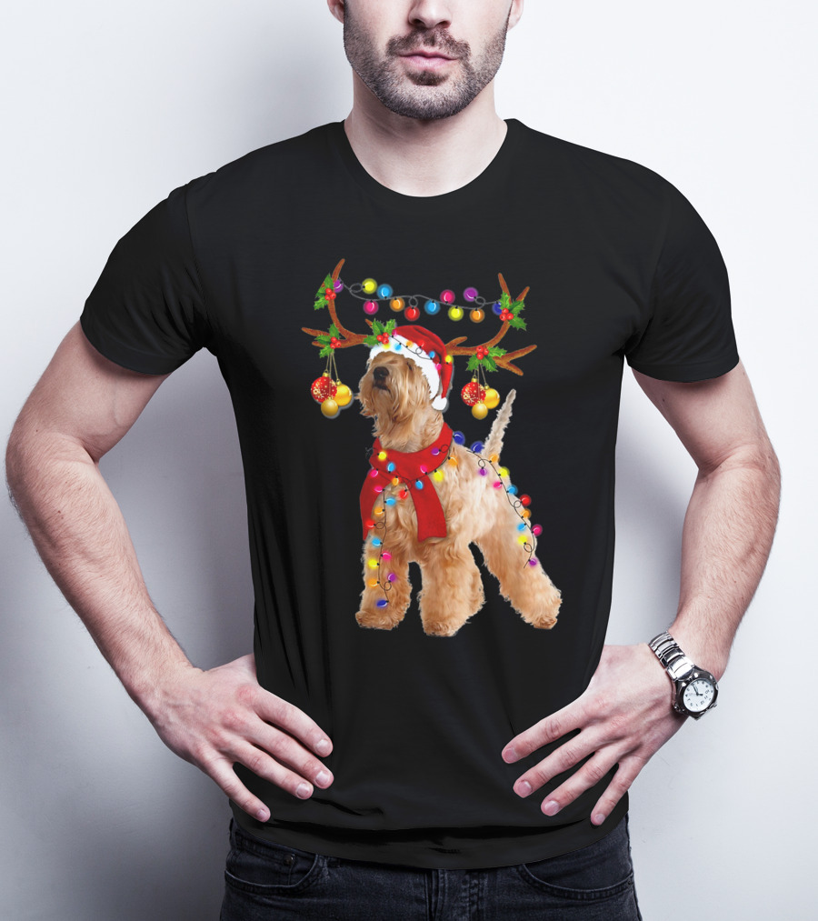 Wheaten Terrier Santa Reindeer With Festive Christmas Lights T-Shirt