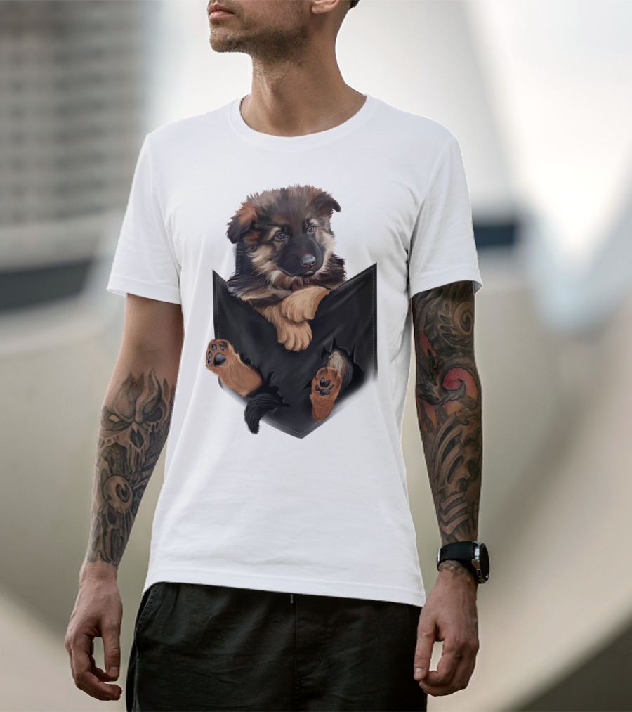 German Shepherd Puppy In Black Pocket T-Shirt