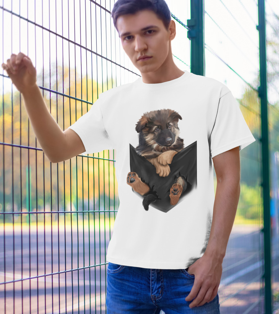 German Shepherd Puppy In Black Pocket T-Shirt