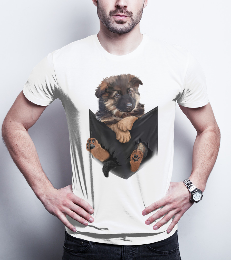 German Shepherd Puppy In Black Pocket T-Shirt